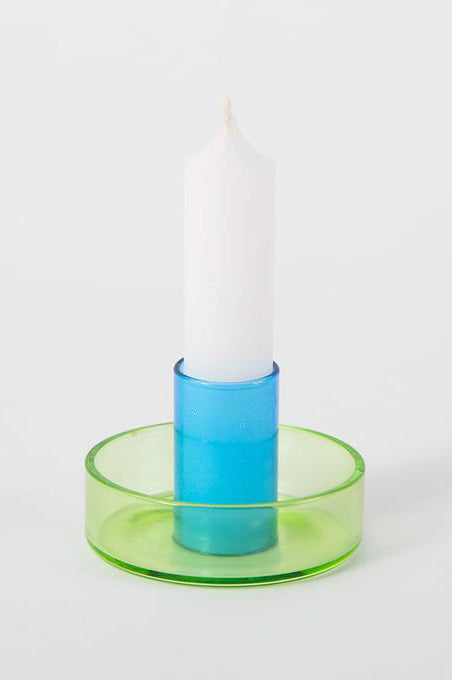 Block Design Duo Tone Glass Candlestick Green/Blue | The Mercantile London